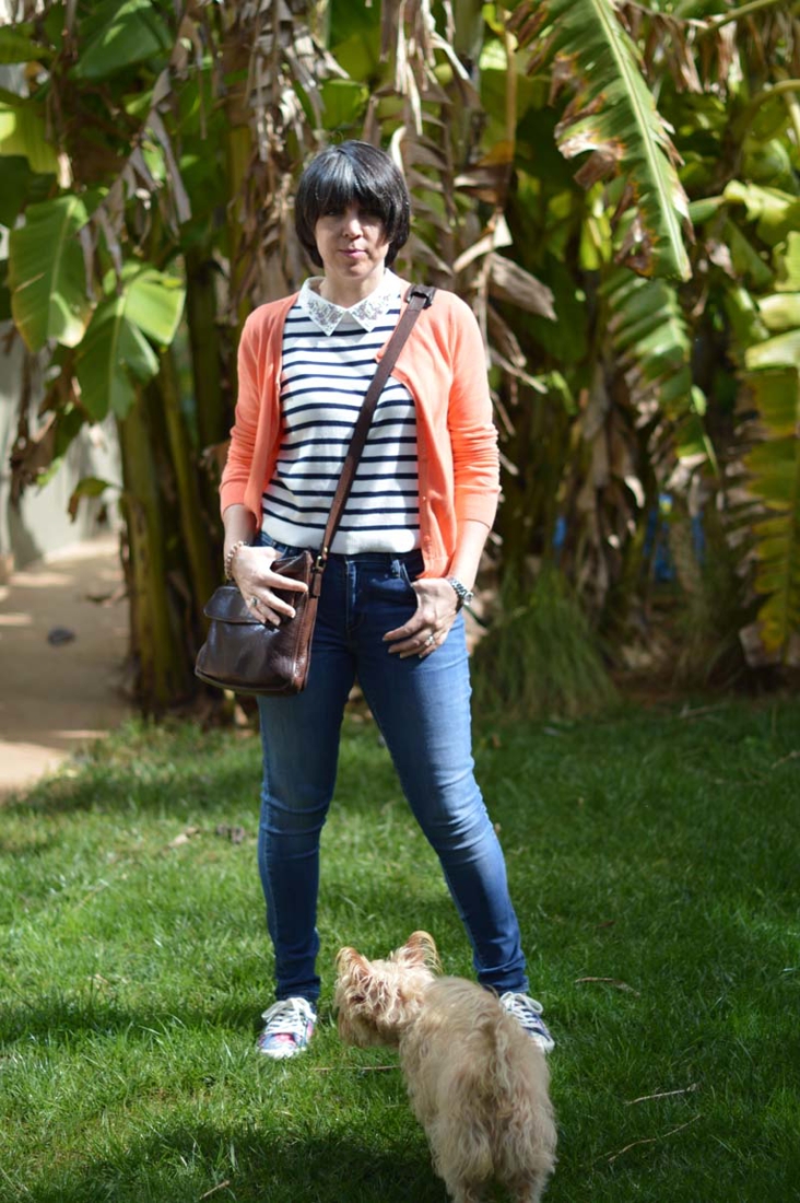 An everyday outfit: skinny jeans, stripes, florals and a pop of colour ...